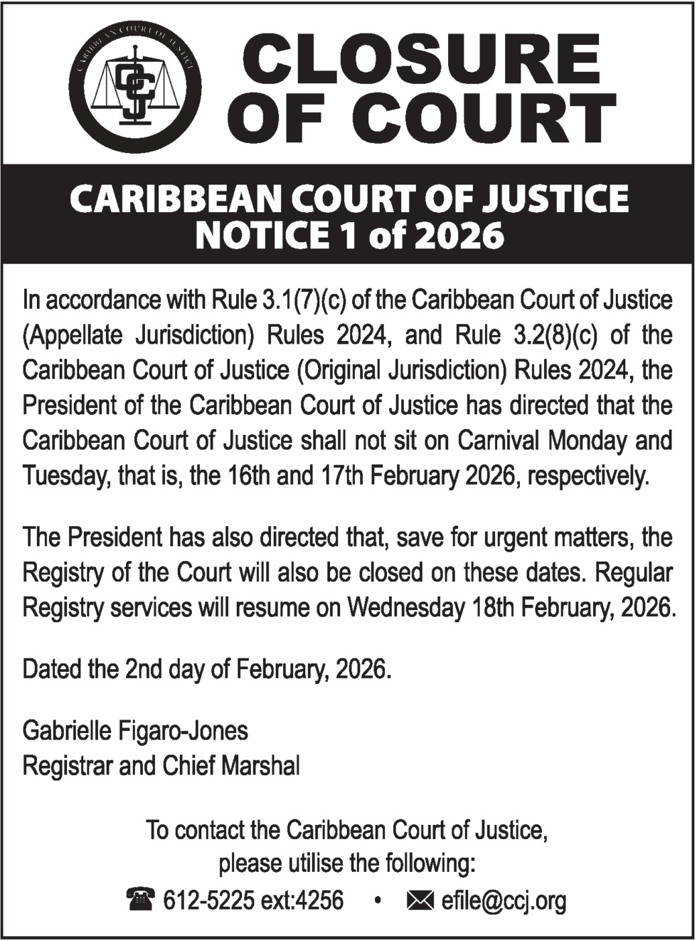 CCJ Closure of Court Notice – Caribbean Court of Justice